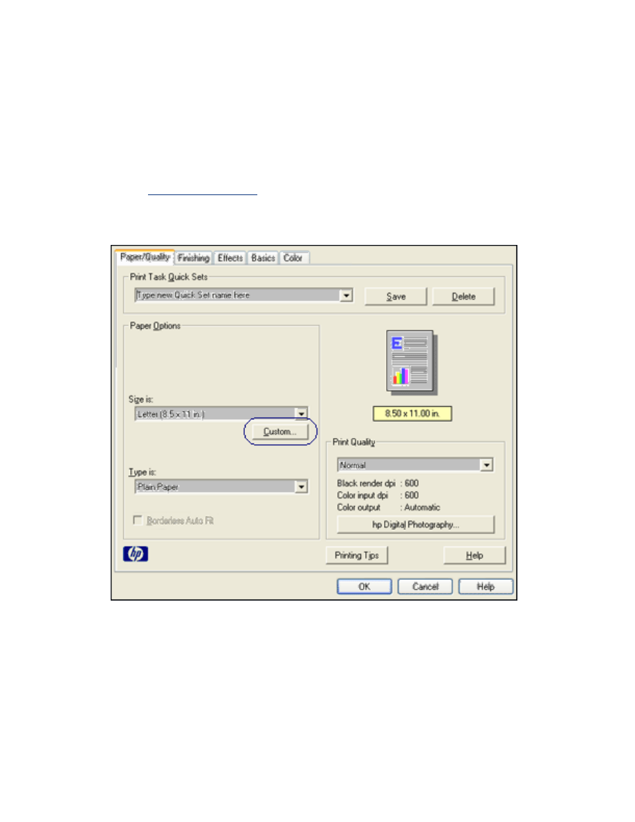 setting a custom paper size - HP Deskjet 3620 Color Inkjet Printer
